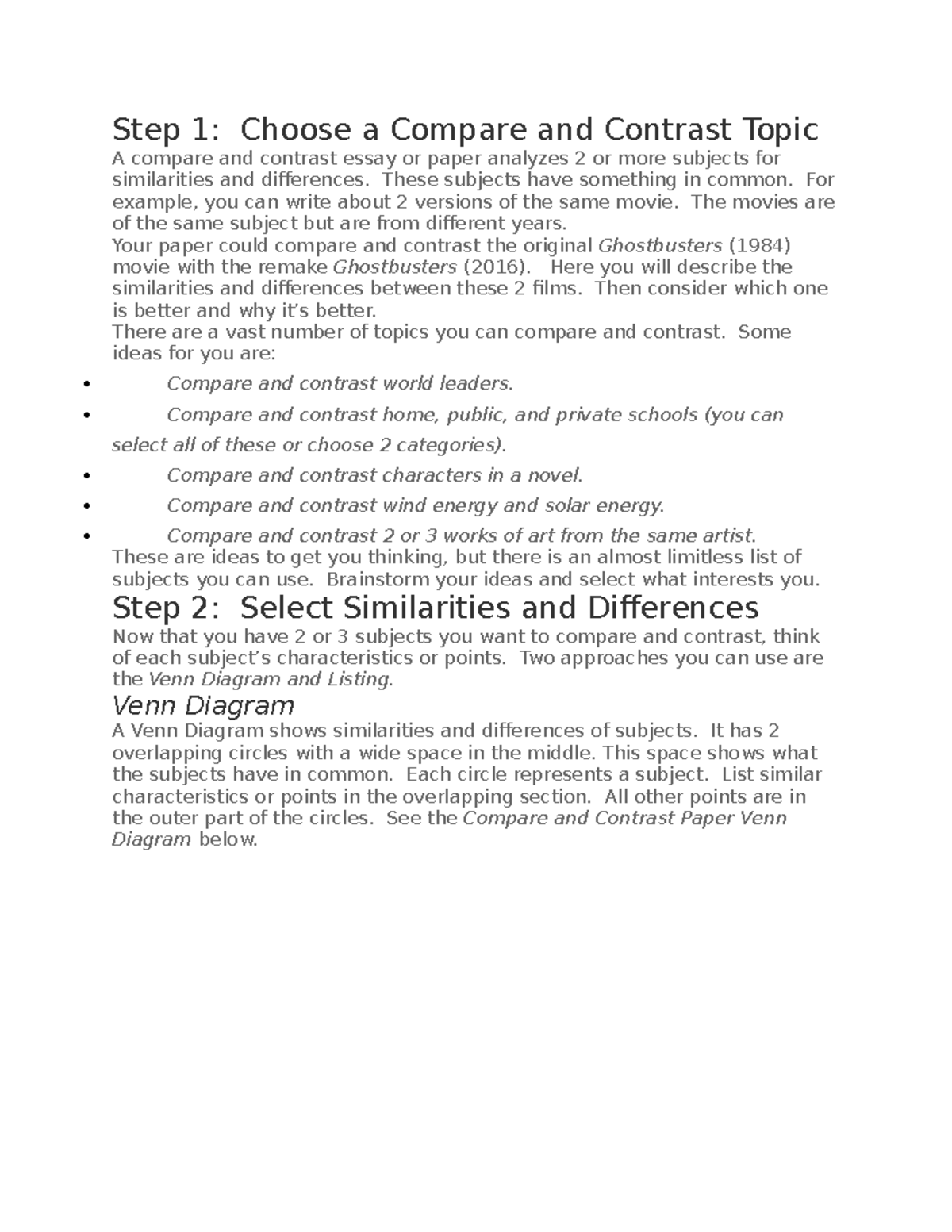 Compare and contrast paper - Step 1: Choose a Compare and Contrast ...