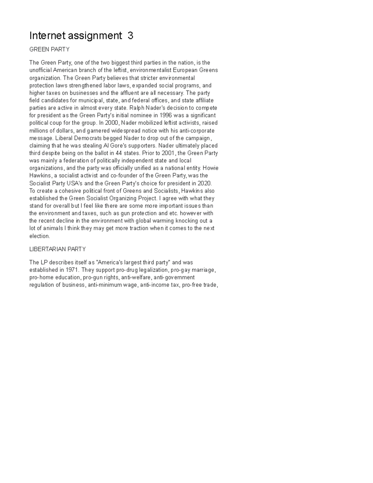 Internet assignment 3 - Google Docs - Internet assignment 3 GREEN PARTY ...