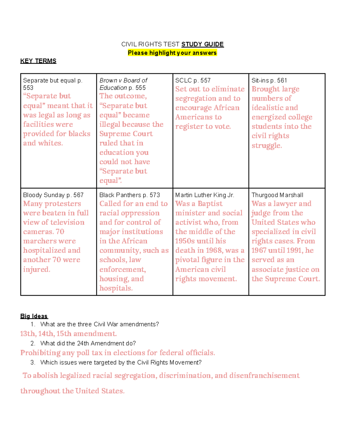 Civil Rights TEST Study Guide - CIVIL RIGHTS TEST STUDY GUIDE Please ...