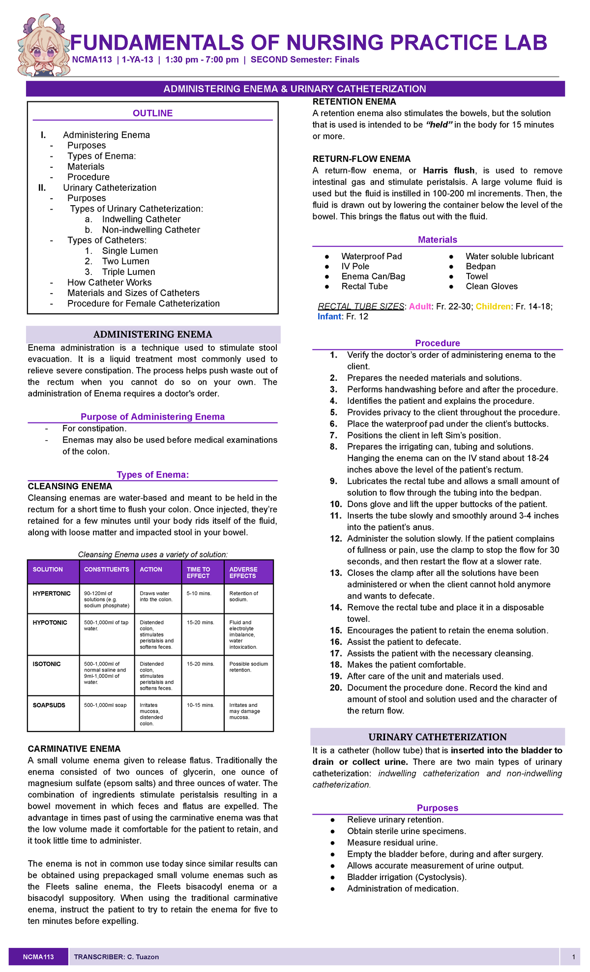 Funda - reviewer - FUNDAMENTALS OF NURSING PRACTICE LAB NCMA1 13 | 1-YA ...