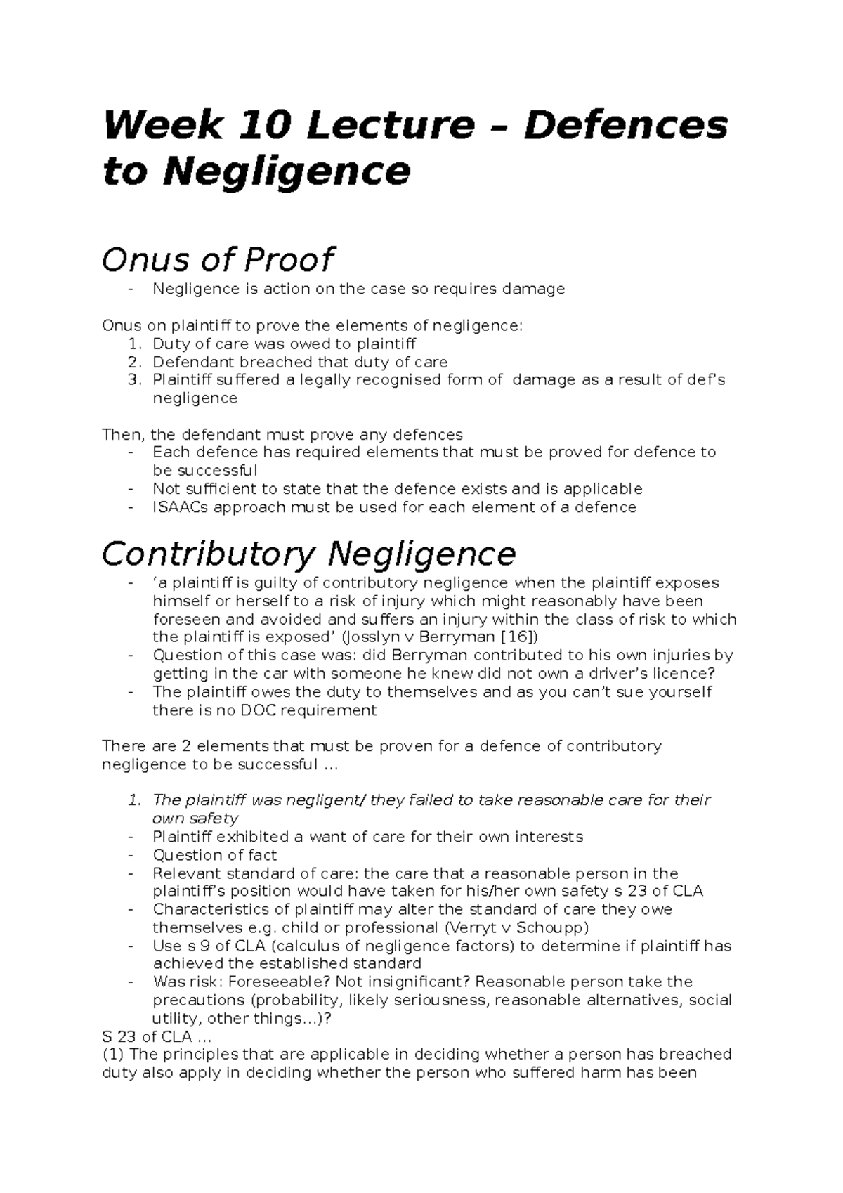 Week 10 Lecture Notes - Week 10 Lecture – Defences to Negligence Onus ...