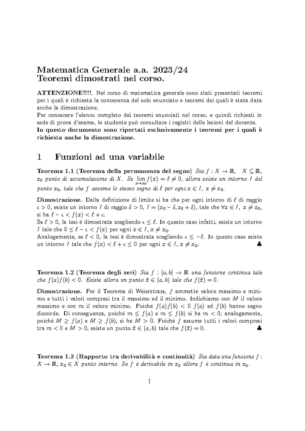 Teoremi dimostrati 2023 24 - Matematica Generale a. 2023/ Teoremi dimostrati nel corso. - Studocu