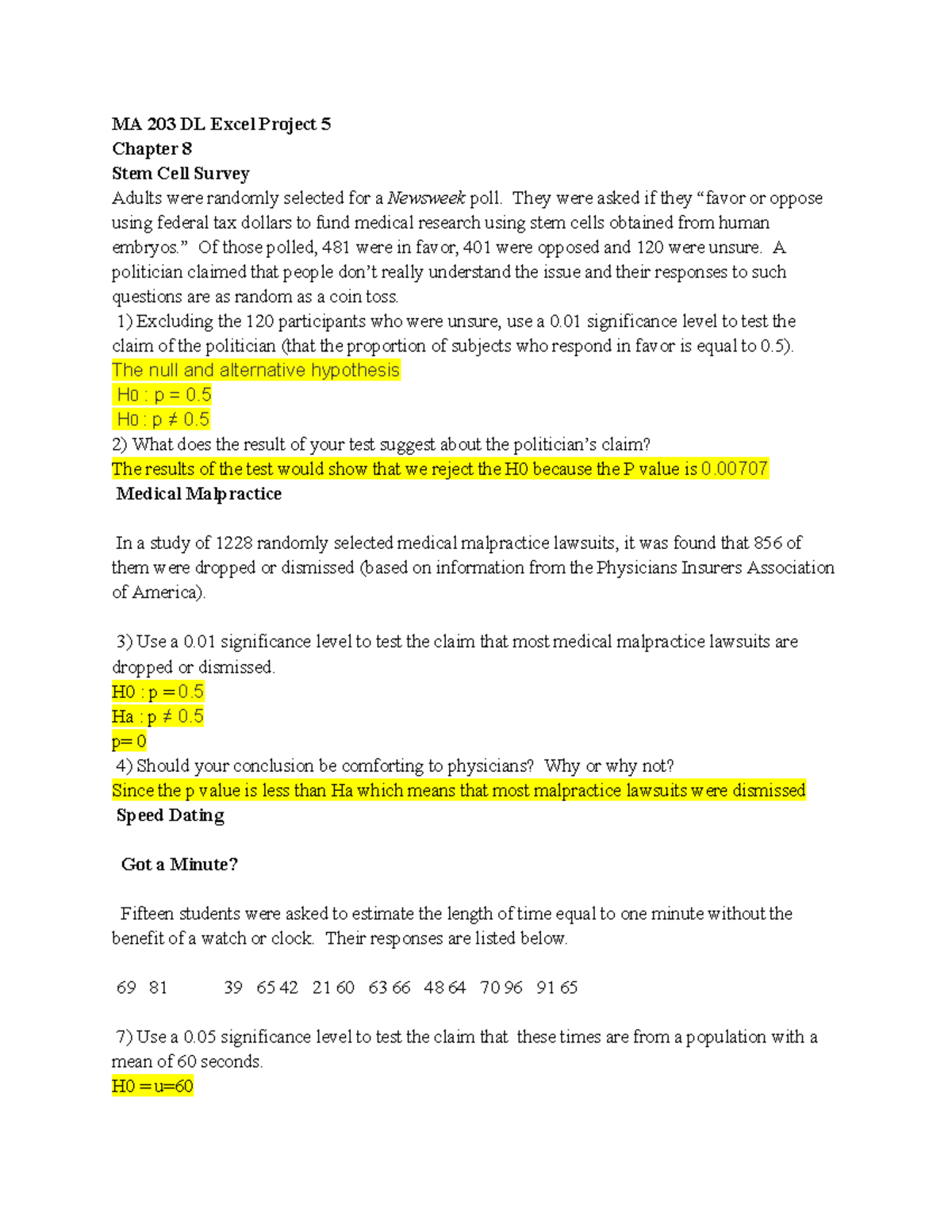 Excel Project 5 Good Notes Ma 203 Dl Excel Project 5 Chapter 8 Stem Cell Survey Adults Were
