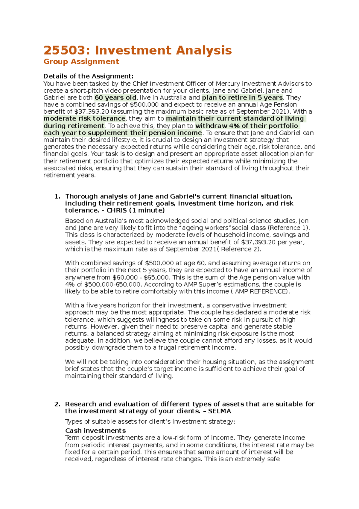 25503 - Notes - 25503: Investment Analysis Group Assignment Details of ...