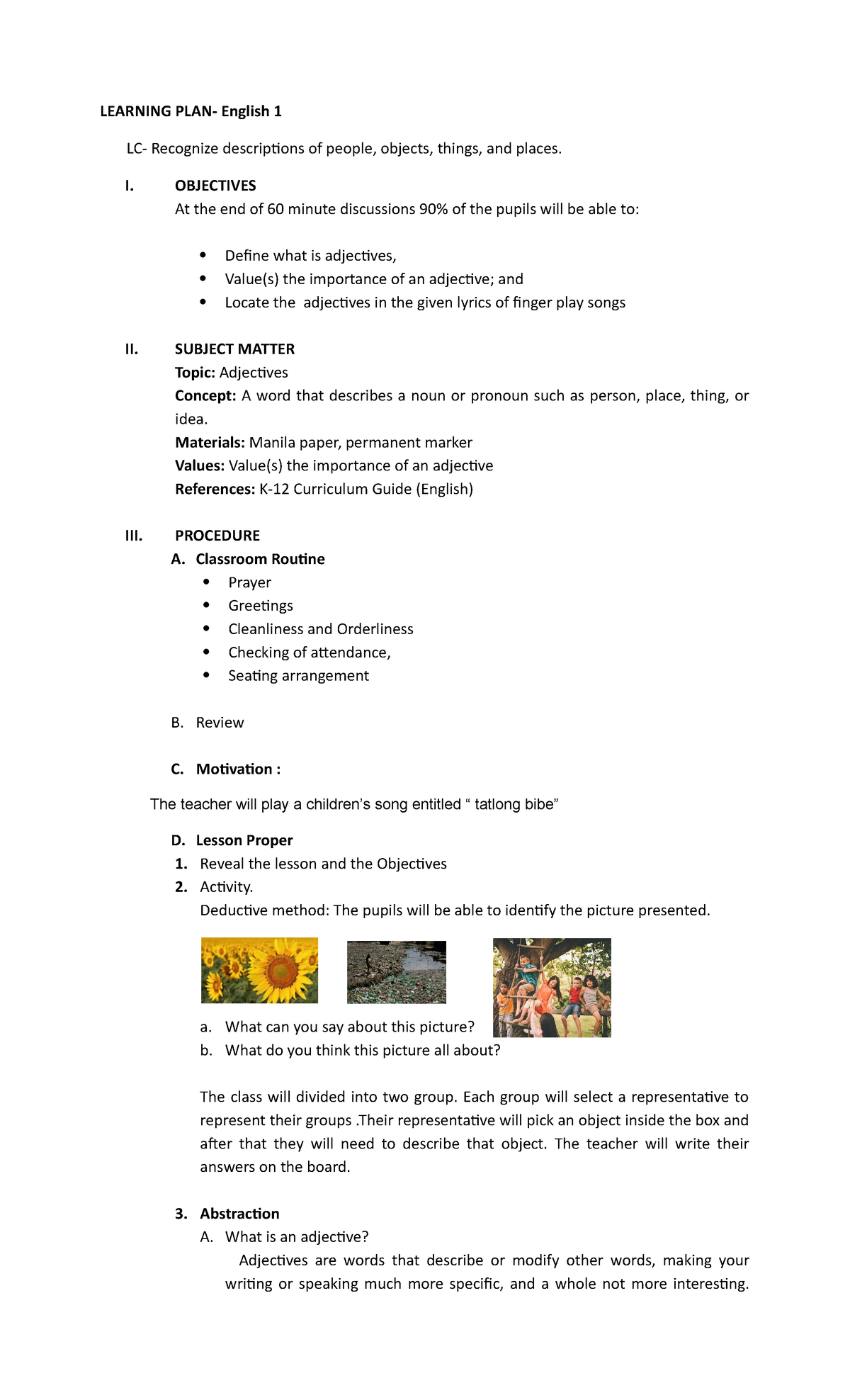 Ed Sci 1-lesson-plan - Copy - LEARNING PLAN- English 1 LC- Recognize ...