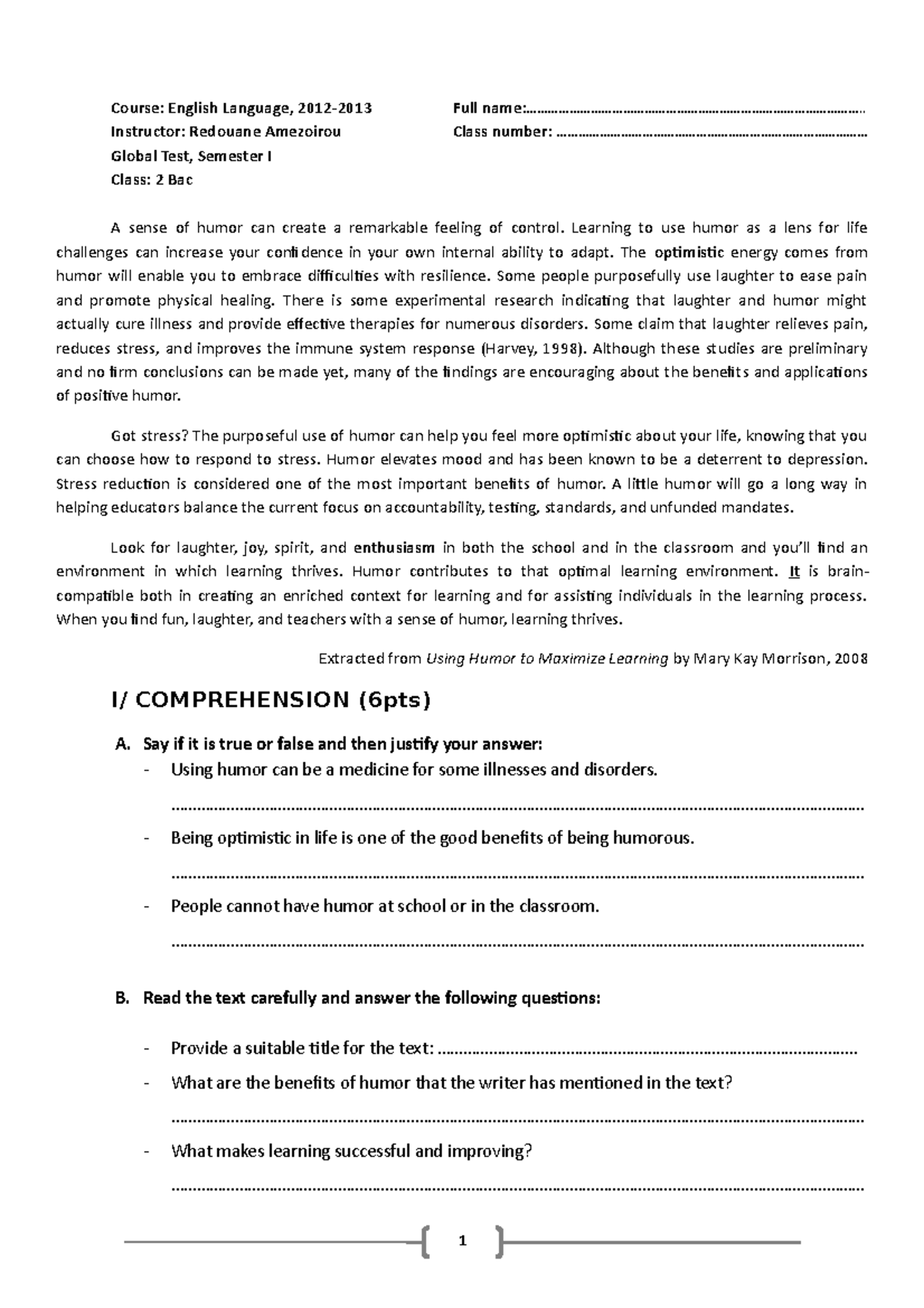 General Test S1 2Bac - Course: English Language, 2012-2013 Full - Studocu