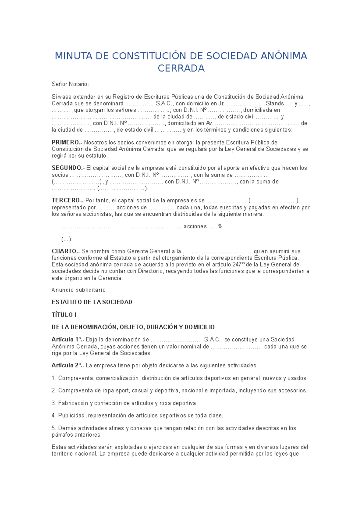Minuta DE Constitución DE Sociedad Anónima Cerrada - MINUTA DE CONSTITUCIÓN DE SOCIEDAD ANÓNIMA ...