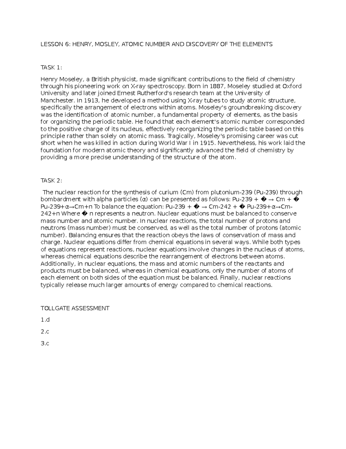Lesson 6 - bhdvhkashckjbvhabkaf - LESSON 6: HENRY, MOSLEY, ATOMIC ...