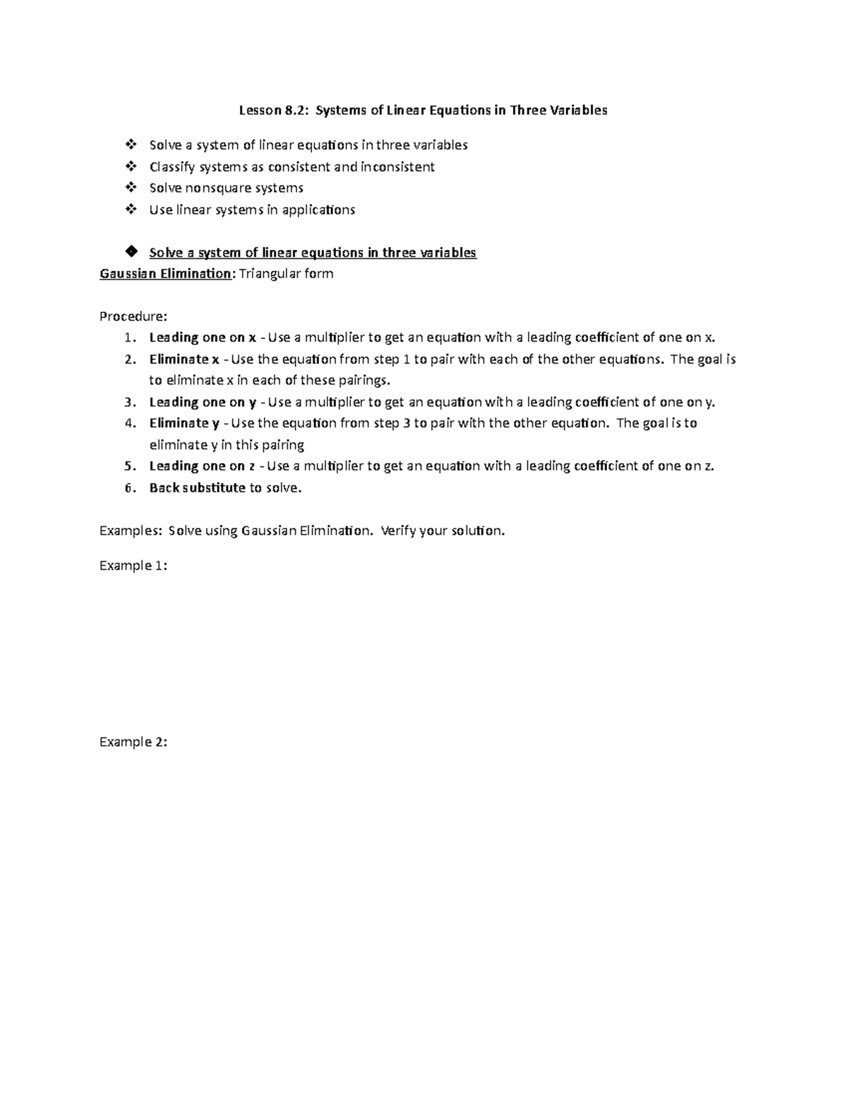 MTH125 Lesson 8 - notes and problems - Lesson 8: Systems of Linear ...