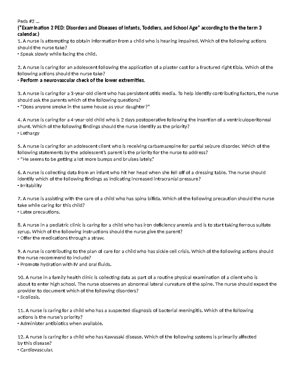 Peds quiz 2 - Peds # ... (“Examination 2 PED: Disorders and Diseases of ...