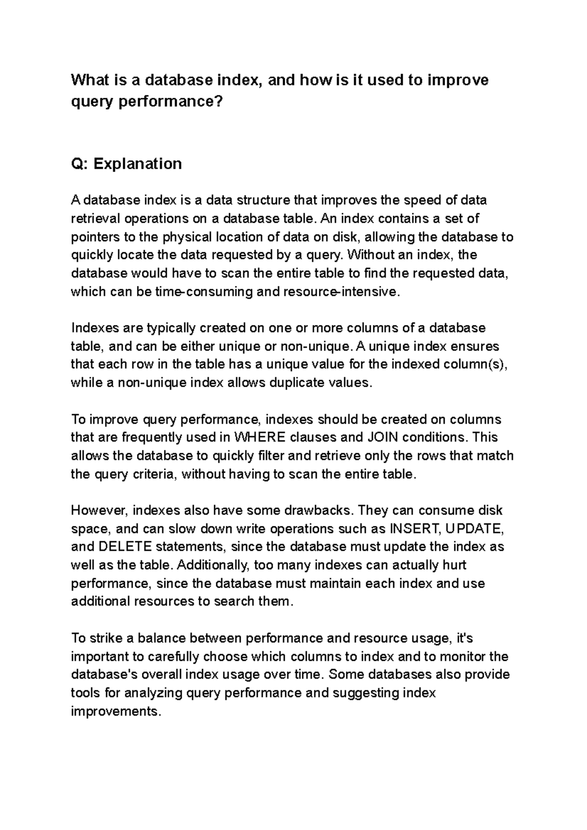 What is a database index, and how is it used to improve query ...