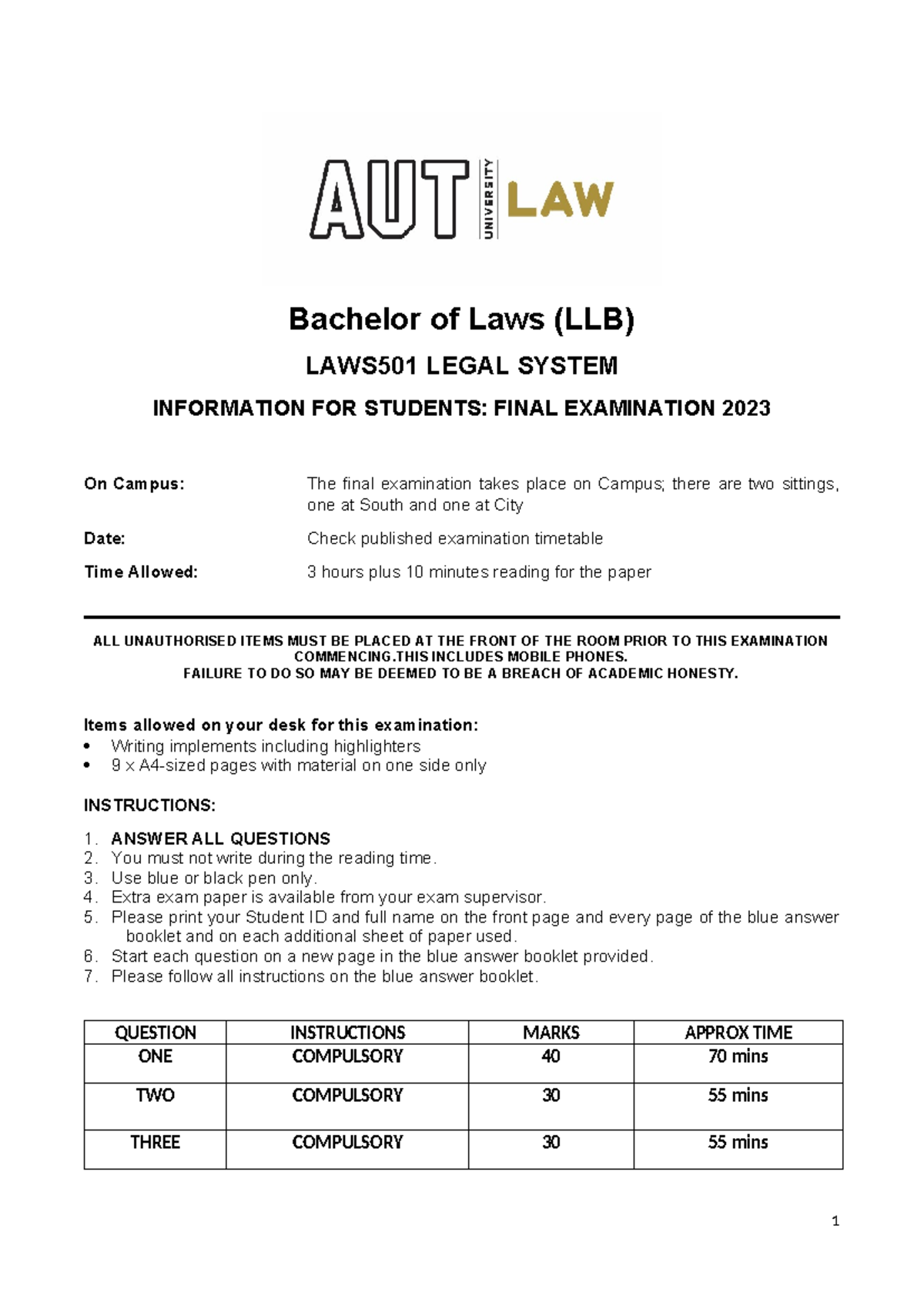 Final exam LAWS501 info for students 2023 - Bachelor of Laws (LLB ...