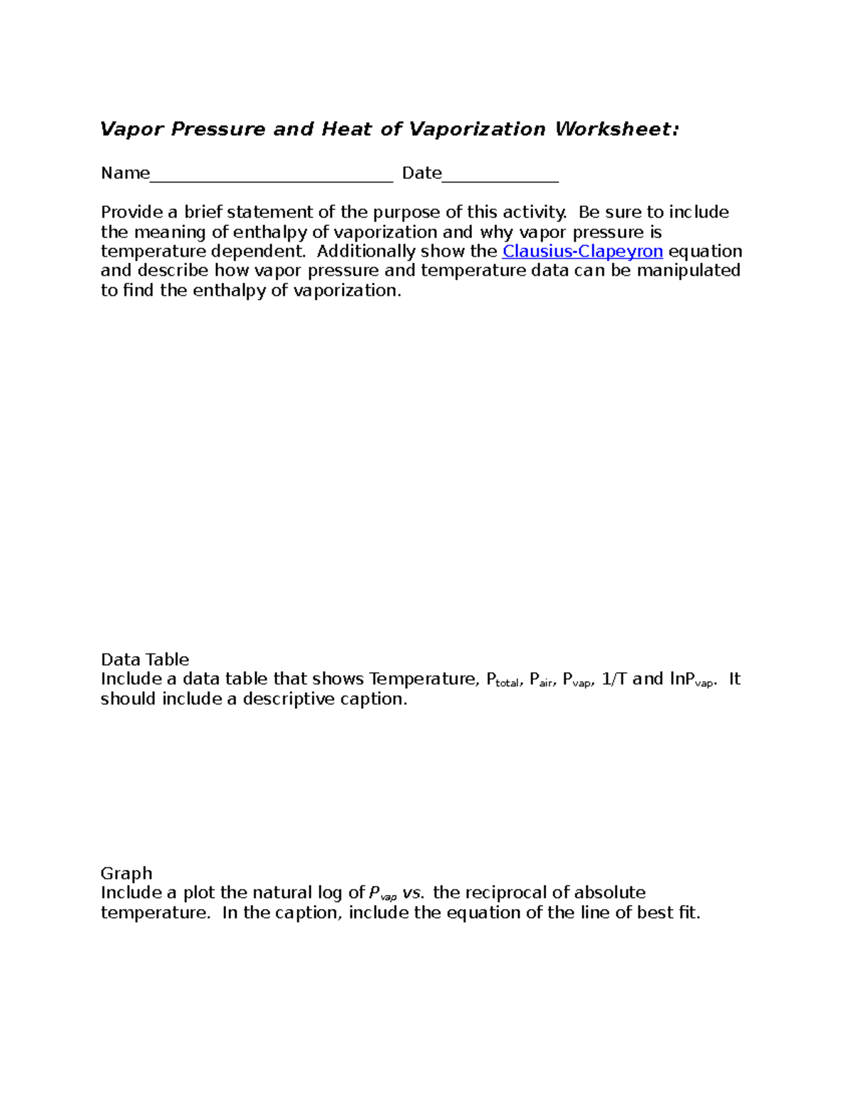 Vapor Pressure and Heat of Vaporization Worksheet - Vapor Pressure and ...