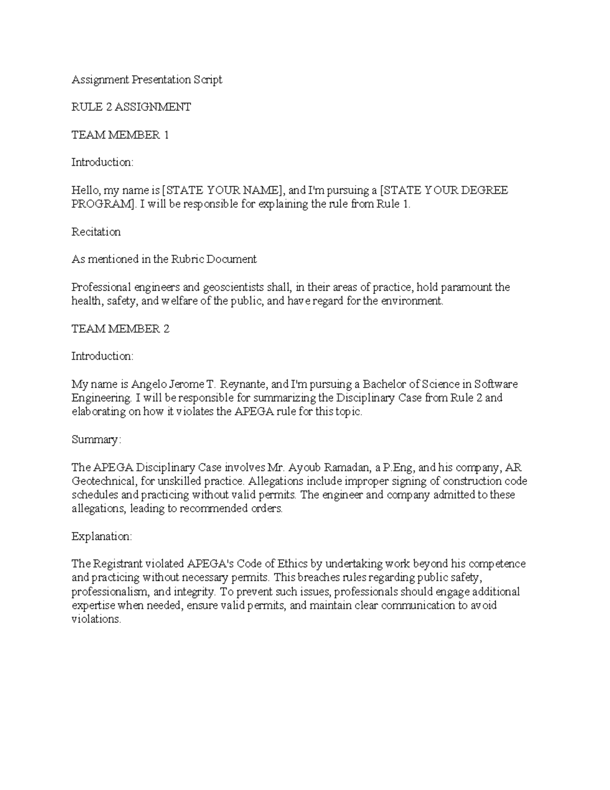 Rule 2 - Assignment - Assignment Presentation Script RULE 2 ASSIGNMENT ...