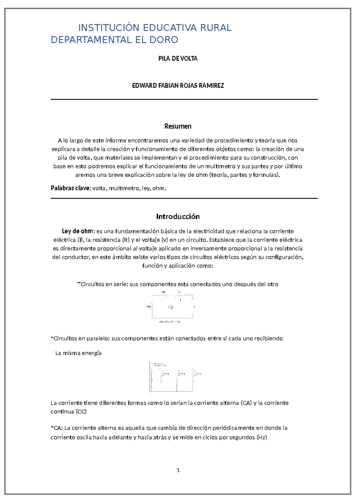 Informe Fisica Edwar R - Apuntes - DEPARTAMENTAL EL DORO PILA DE VOLTA ...