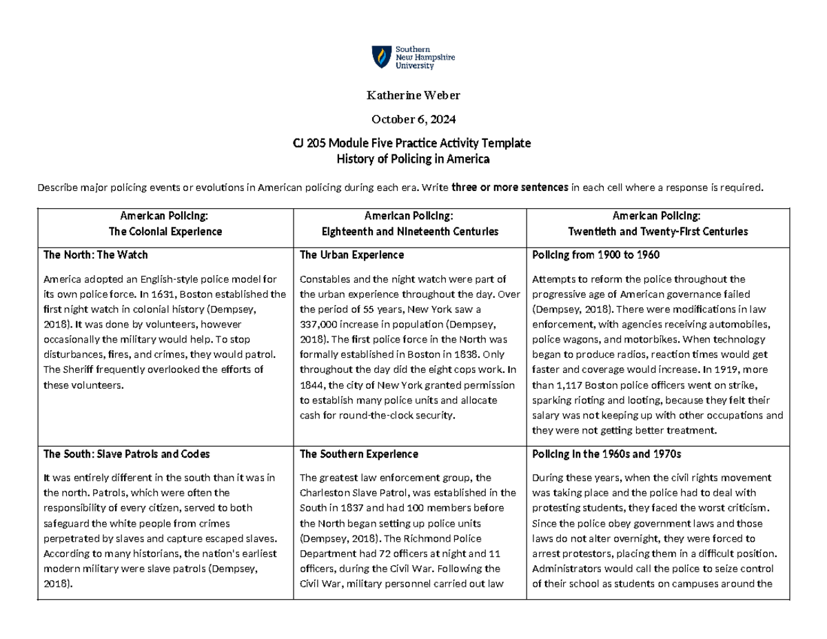 MOD 5 Practice Activity - Katherine Weber October 6, 2024 CJ 205 Module ...