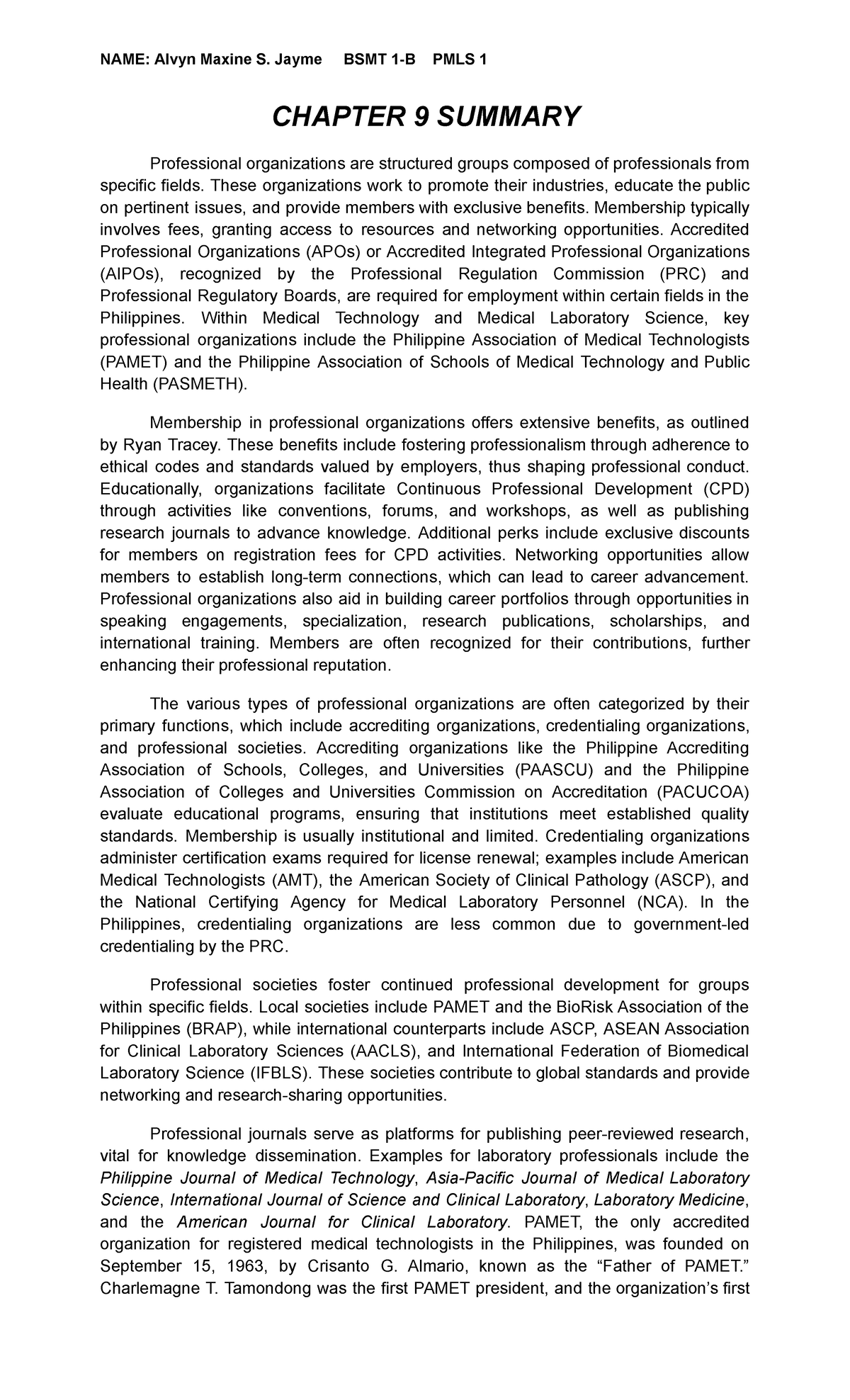 Chapter 9 summary - NAME: Alvyn Maxine S. Jayme BSMT 1-B PMLS 1 CHAPTER 9 SUMMARY Professional ...