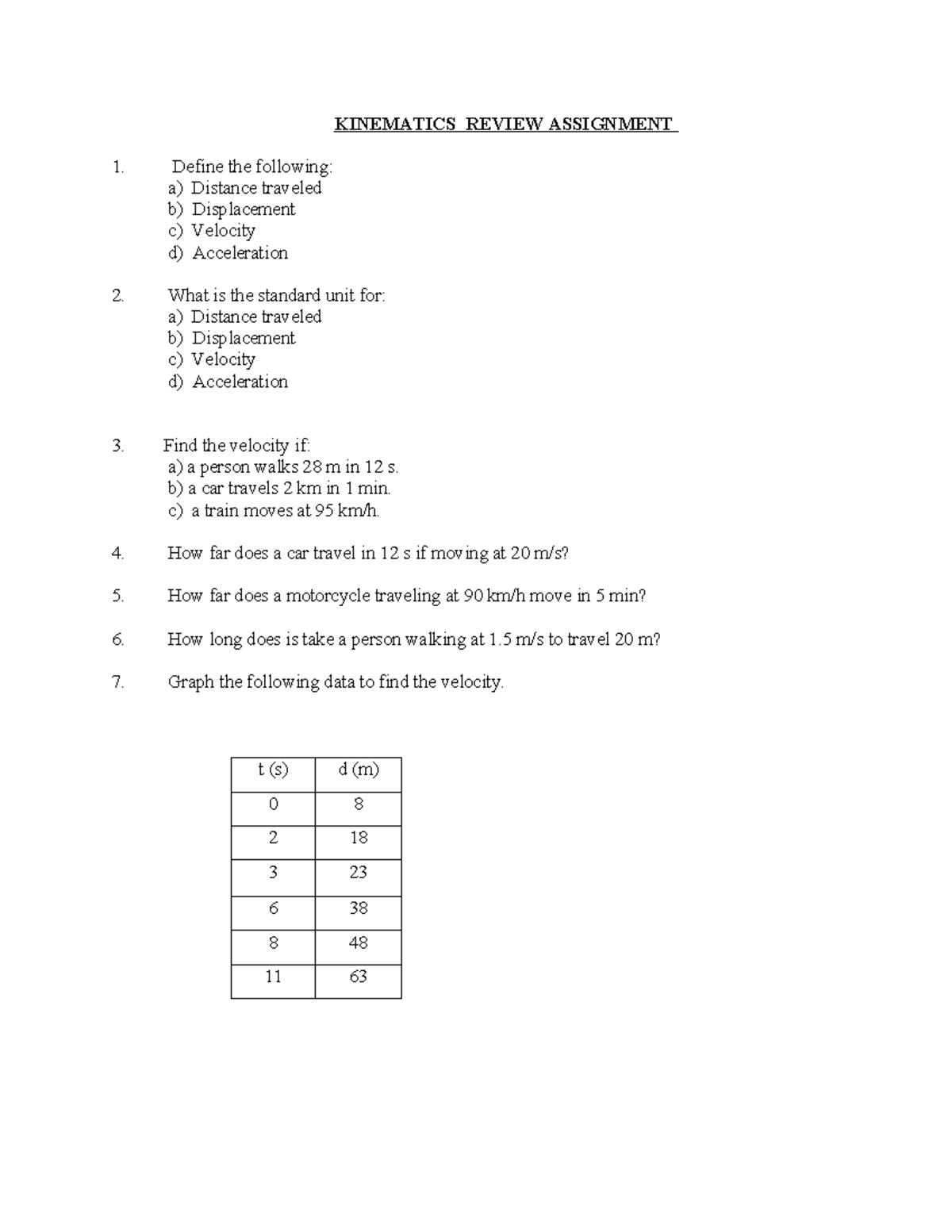 Kinematics review assignment - KINEMATICS REVIEW ASSIGNMENT Define the following: a) Distance ...