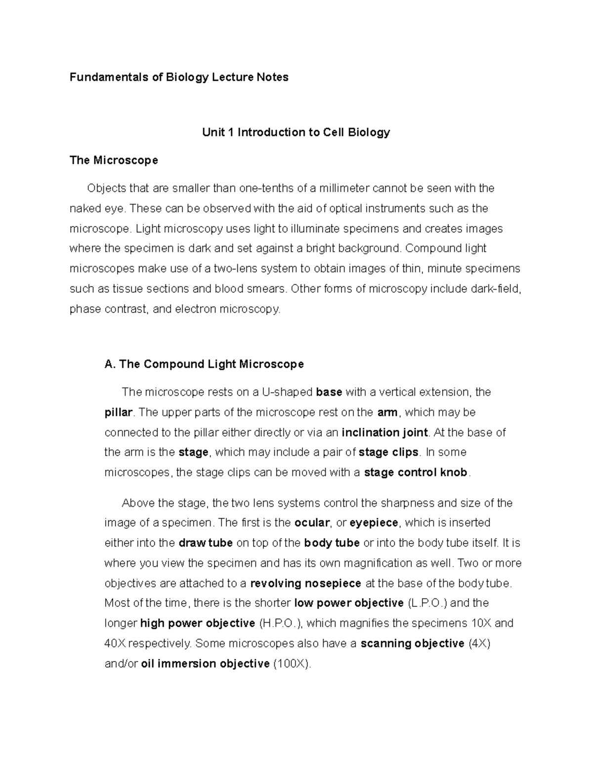 Biology Lecture Notes - Introduction to Cell Biology - These can be ...