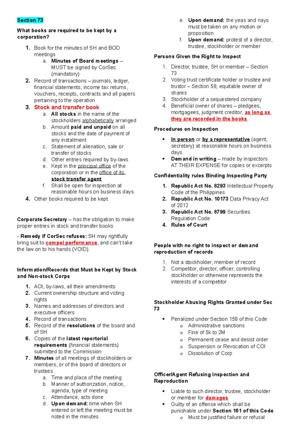 Sec 73 To 85 Notes Copy Section 73 What Books Are Required To Be