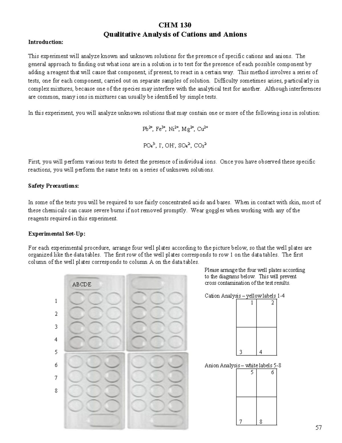Lab 8 CHM130LL Identification of Cations and Anions - CHM 130 Qualitative Analysis of Cations ...