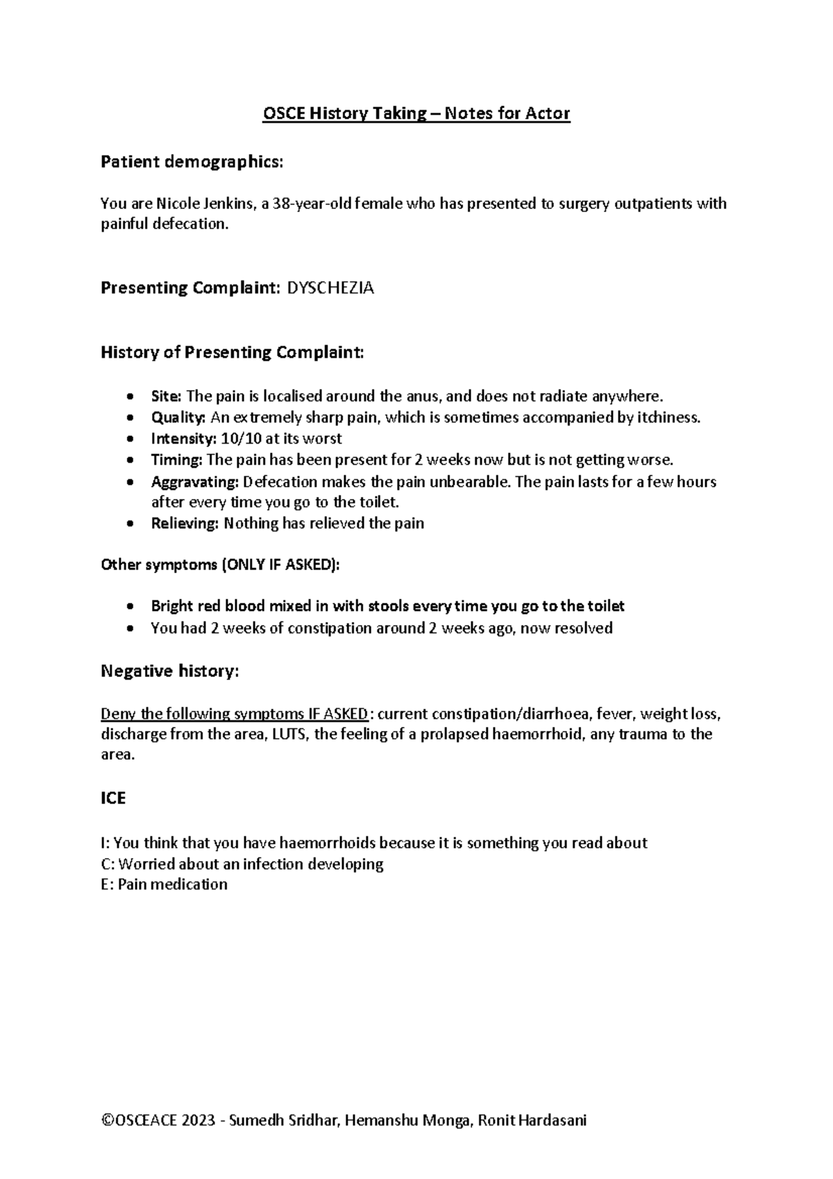 Surgery History 1 - OSCE book - OSCE History Taking – Notes for Actor ...
