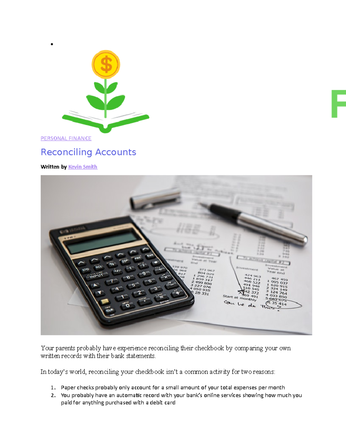 Reconcilling Accounts - PERSONAL FINANCE Reconciling Accounts Written ...