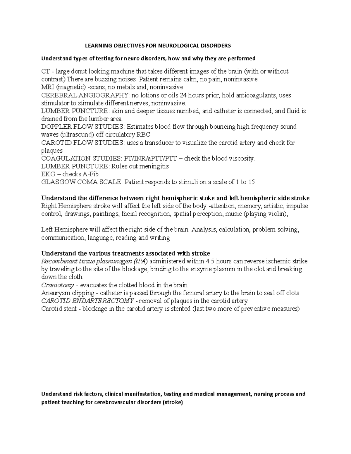 Neuro AND Stroke EXAM BLUE Print - LEARNING OBJECTIVES FOR NEUROLOGICAL ...