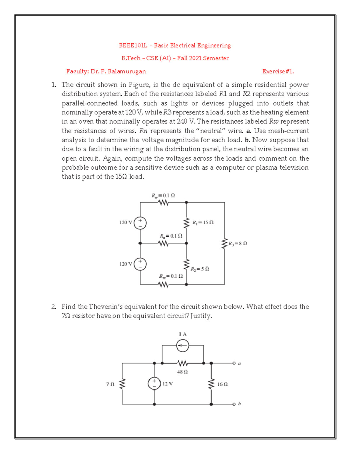 Tut1 - dddddddddddddddddddddddddddd - BEEE101L – Basic Electrical Engineering B – CSE (AI ...
