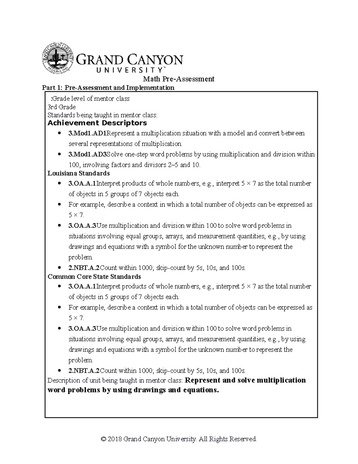 Math Pre-Assessment Christin Martinez - Math Pre-Assessment Part 1: Pre ...
