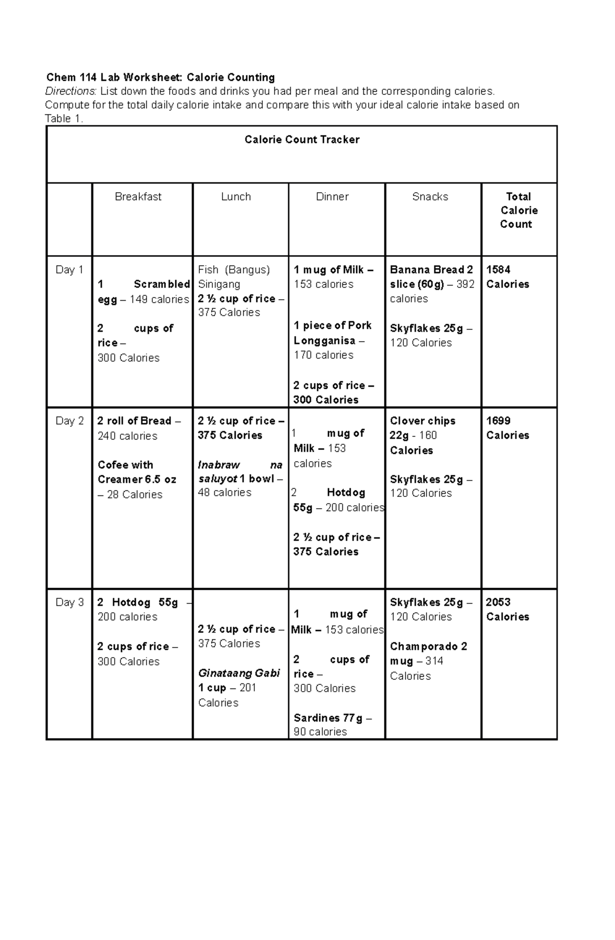 Chemistry for Engineering Lab Calorie Counting Worksheet - Chem 114 Lab ...