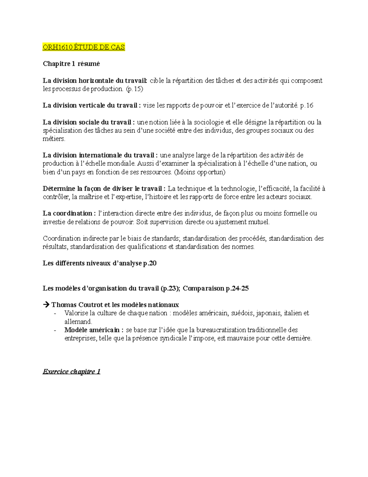 ORH1610 Étude DE CAS - N/A - ORH1610 ÉTUDE DE CAS Chapitre 1 résumé La ...