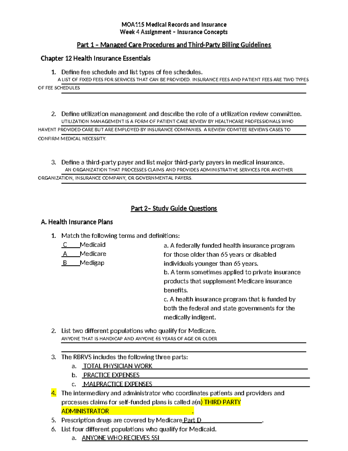 Week 4 Assignment Worksheet - MOA115 Medical Records and Insurance Week ...