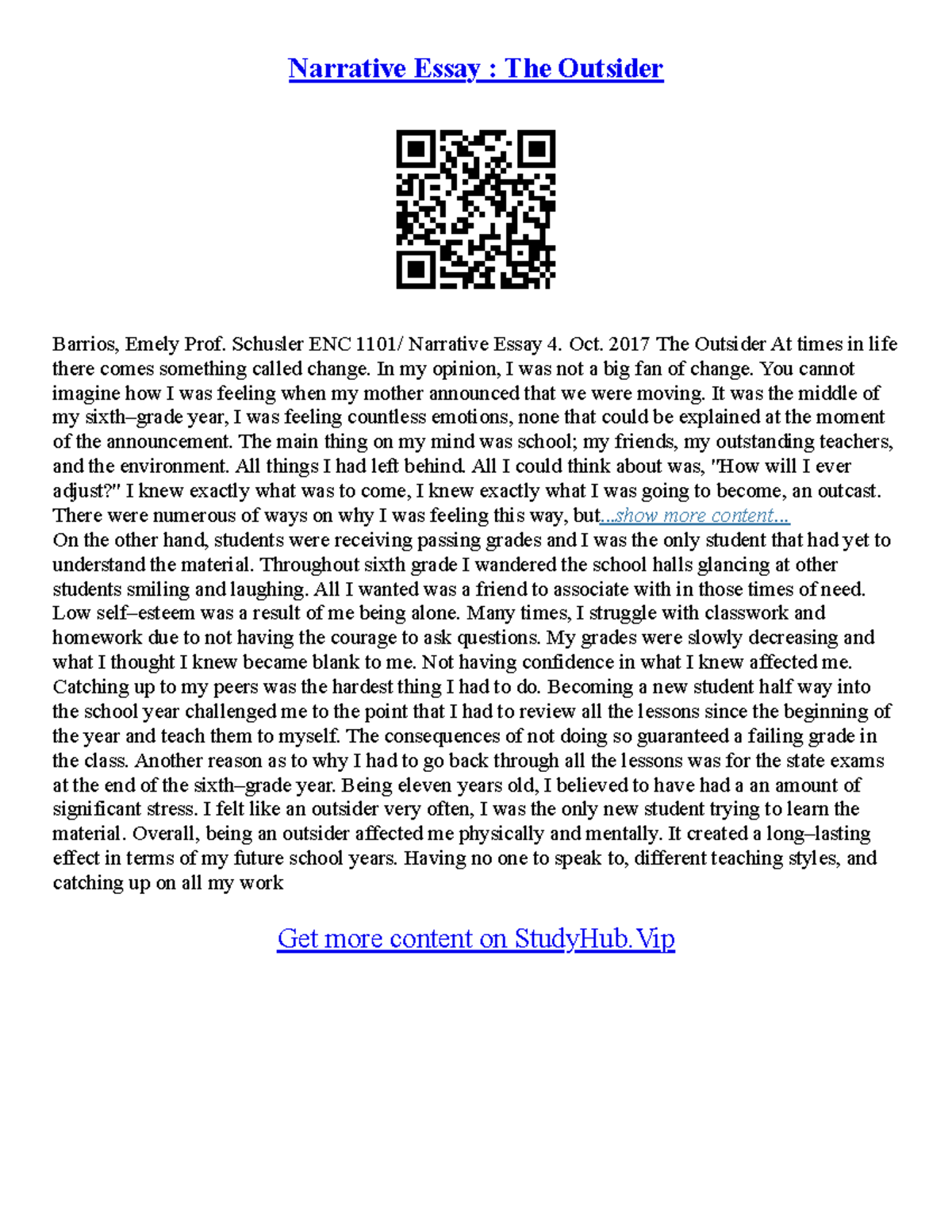 Narrative Essay Outlines - Narrative Essay : The Outsider Barrios ...