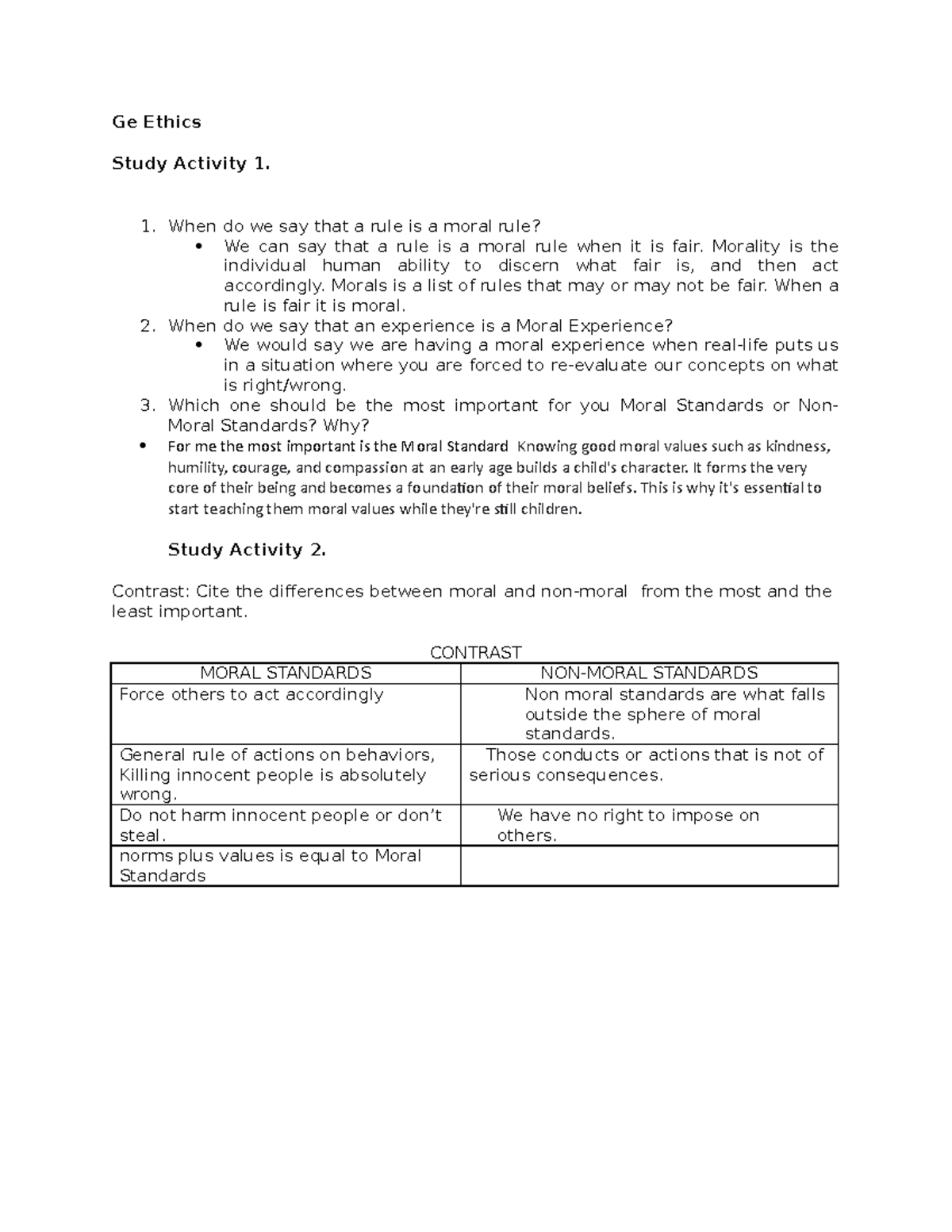15. GE Ethics - activity - Ge Ethics Study Activity 1. When do we say that a rule is a moral ...