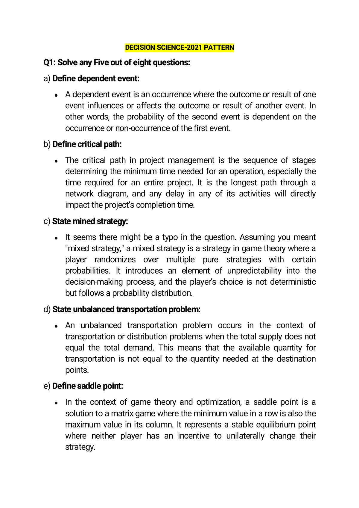 Decision Science - DECISION SCIENCE-2021 PATTERN Q1: Solve any Five out ...