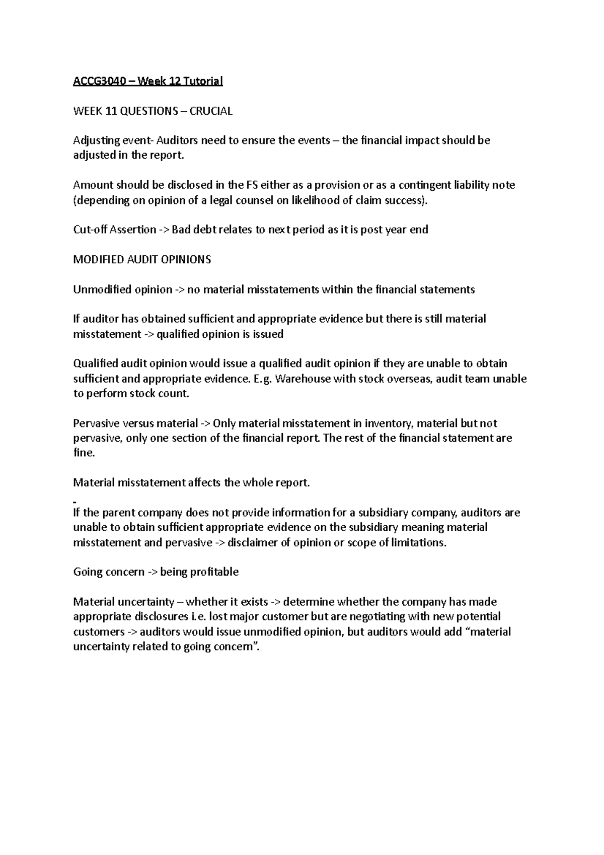 Accg3040 week 12 - ACCG3040 – Week 12 Tutorial WEEK 11 QUESTIONS – CRUCIAL Adjusting event ...