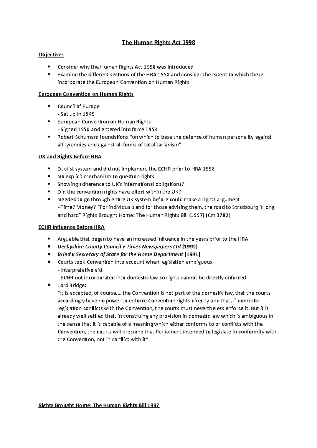 10. The Human Rights Act 1998 - The Human Rights Act 1998 Objecives ...