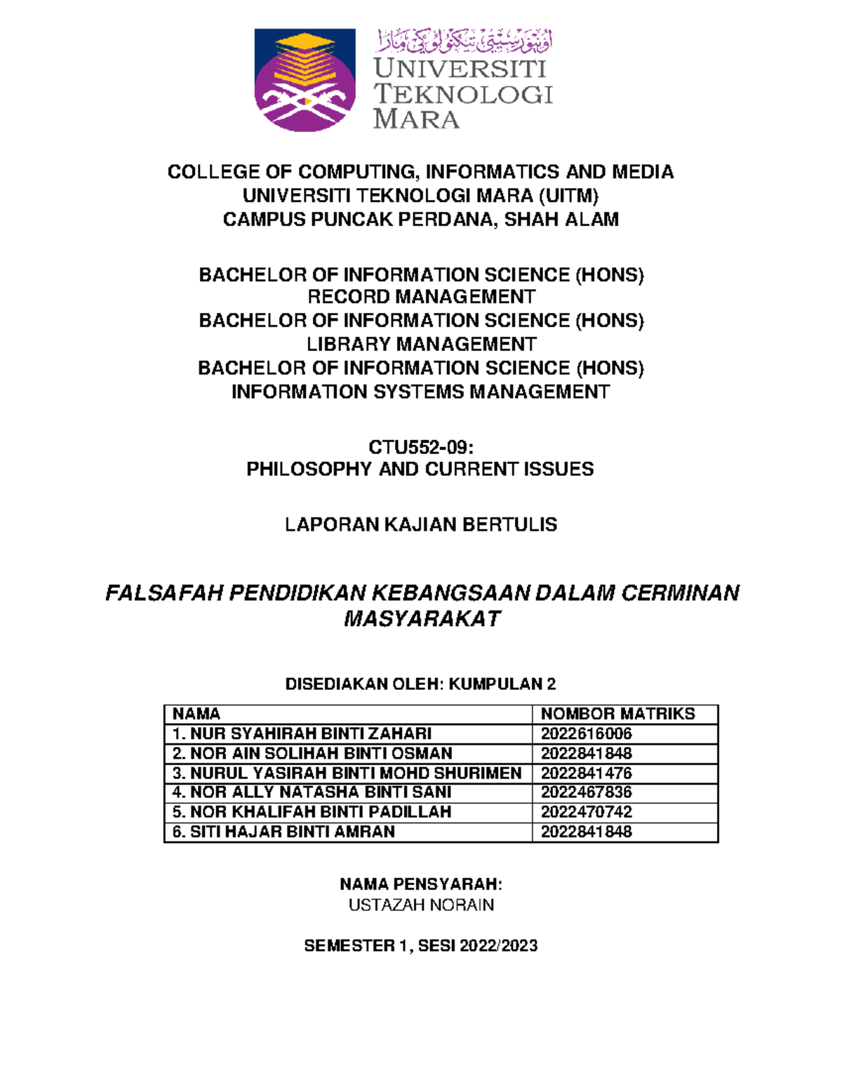 CTU552-09- Assignment 1- Kumpulan 2 - COLLEGE OF COMPUTING, INFORMATICS AND MEDIA UNIVERSITI ...