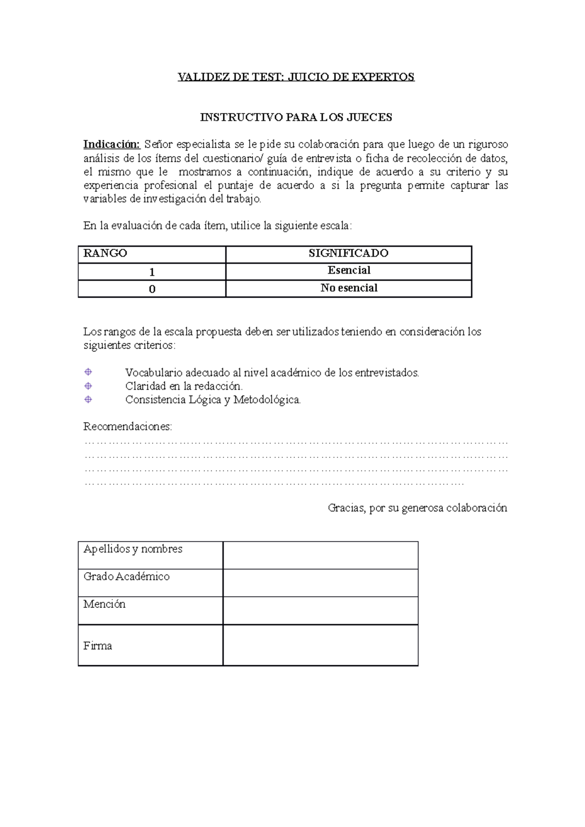 Formato Ejemplo DE Validacion OK - VALIDEZ DE TEST: JUICIO DE EXPERTOS ...