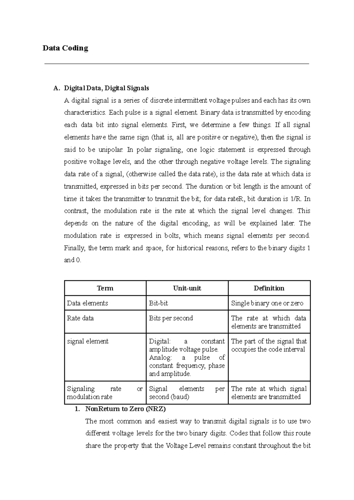 Data Coding Digital Data Digital Signals Data Coding A Digital Data Digital Signals A