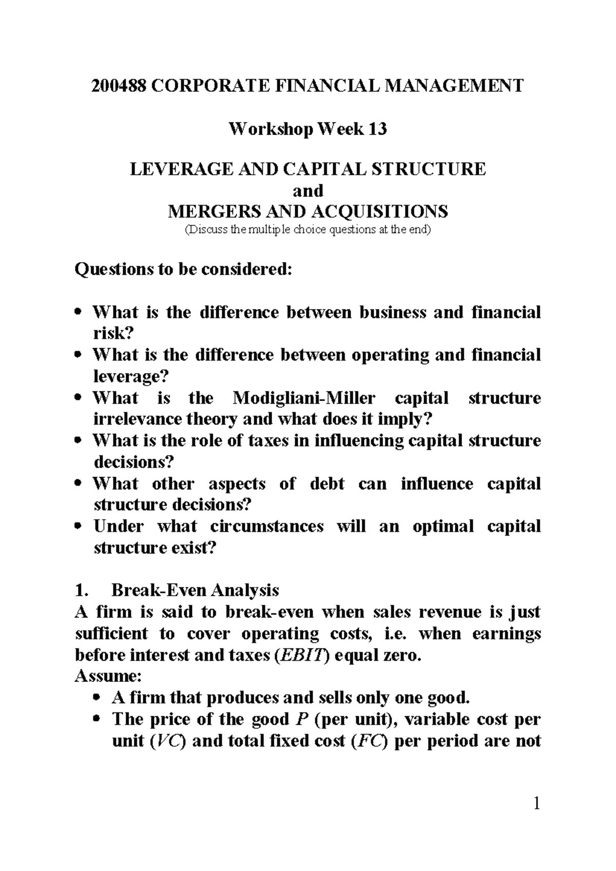 Workshop 13 leverage and Merger - 200488 CORPORATE FINANCIAL MANAGEMENT Workshop Week 13 ...