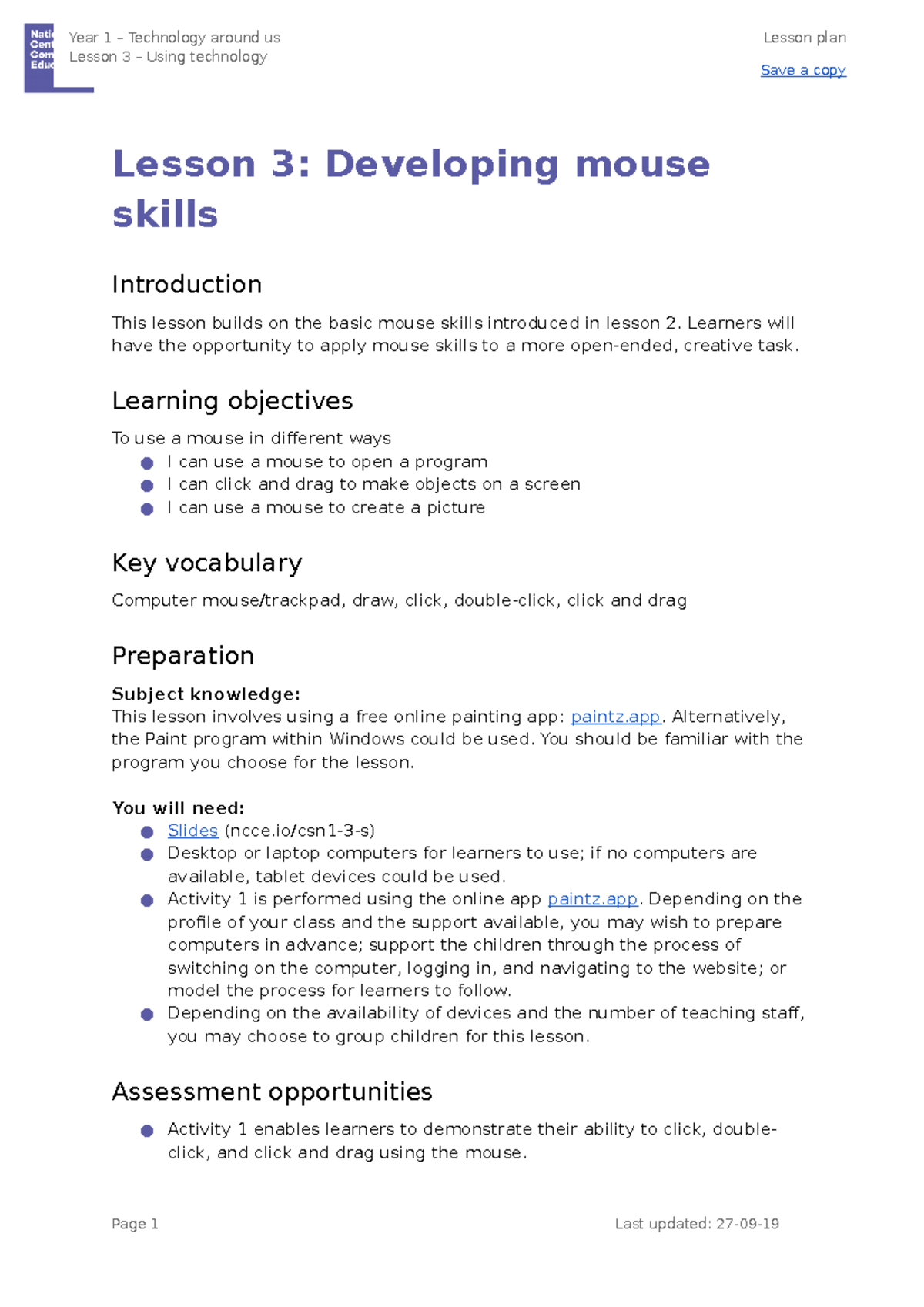 L3 Piano della lezione - Sistemi e reti informatiche - Y1 - Year 1 – Technology around us Lesson ...