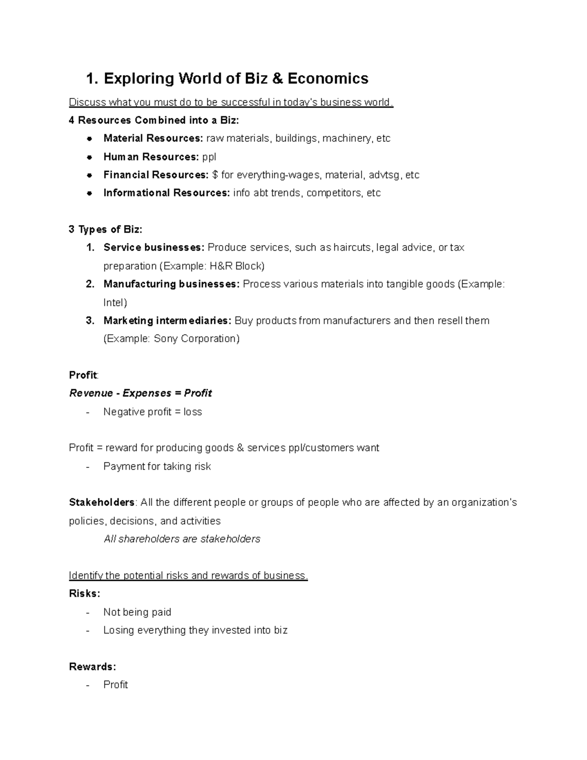 MGG150 Biz&Society Study Guide 1 - 1. Exploring World of Biz ...