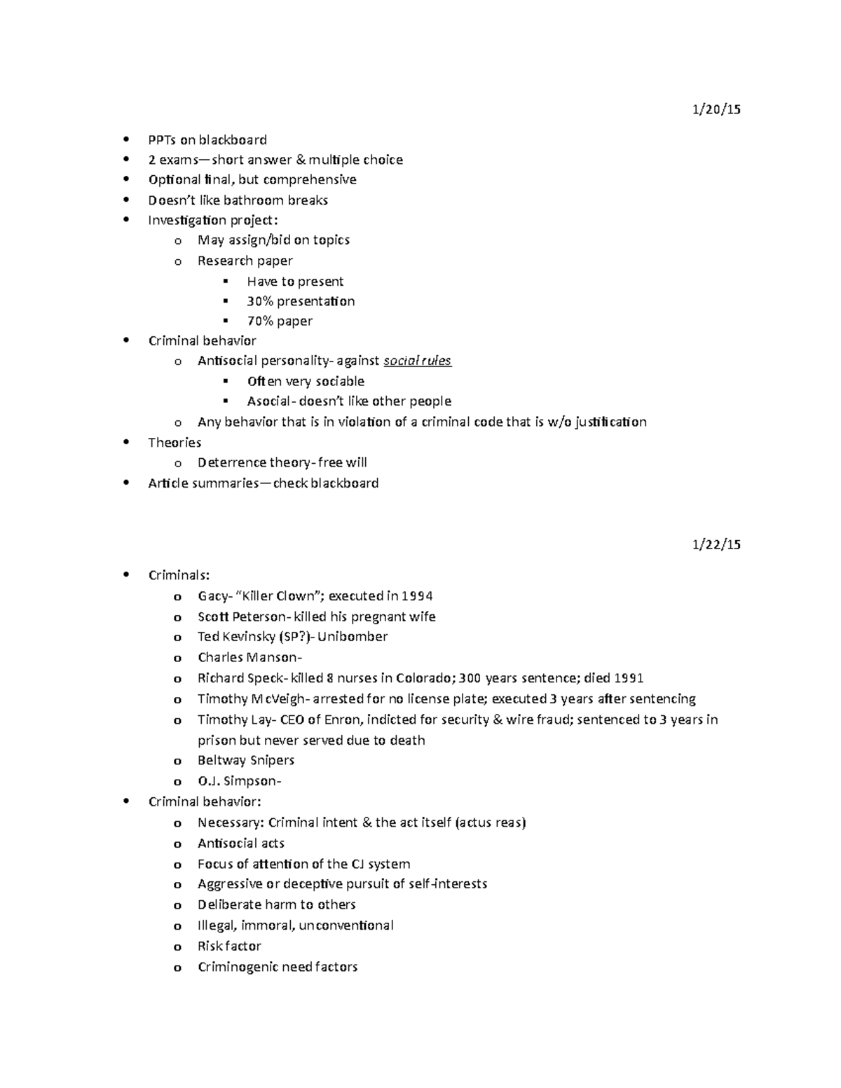 Lecture Notes for 1st Half of Semester - 1/20/ PPTs on blackboard 2 ...