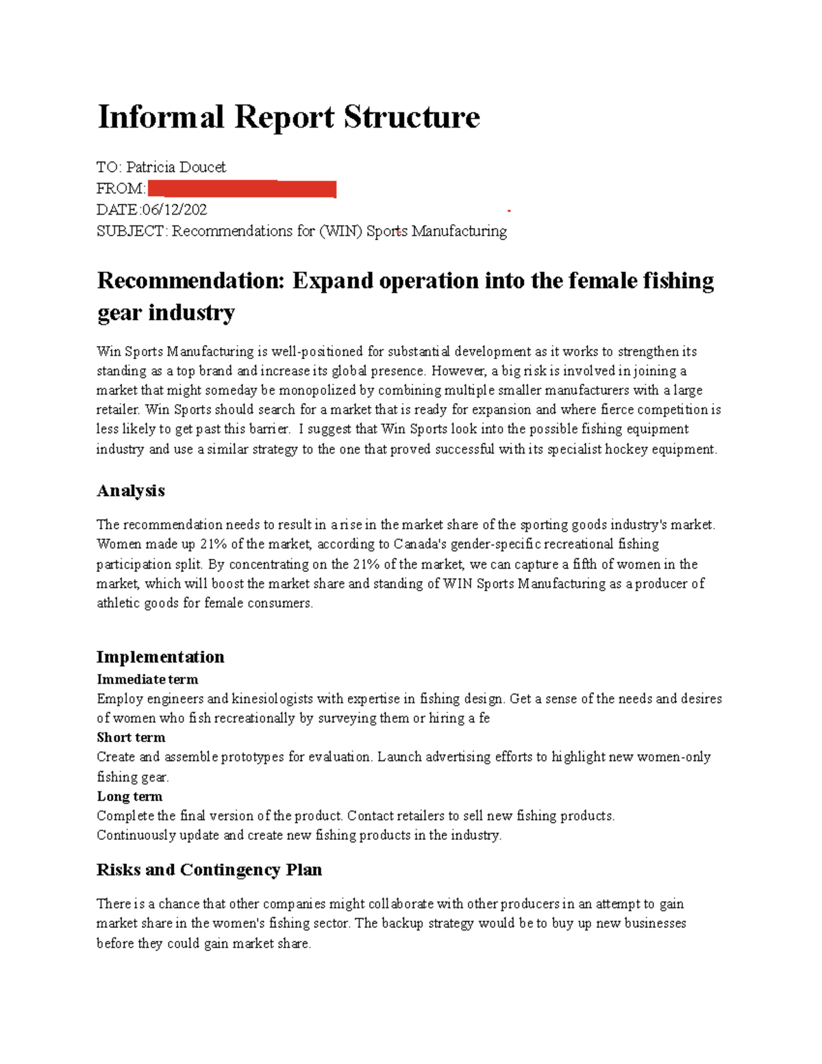 Win informal report - Informal Report Structure TO: Patricia Doucet ...