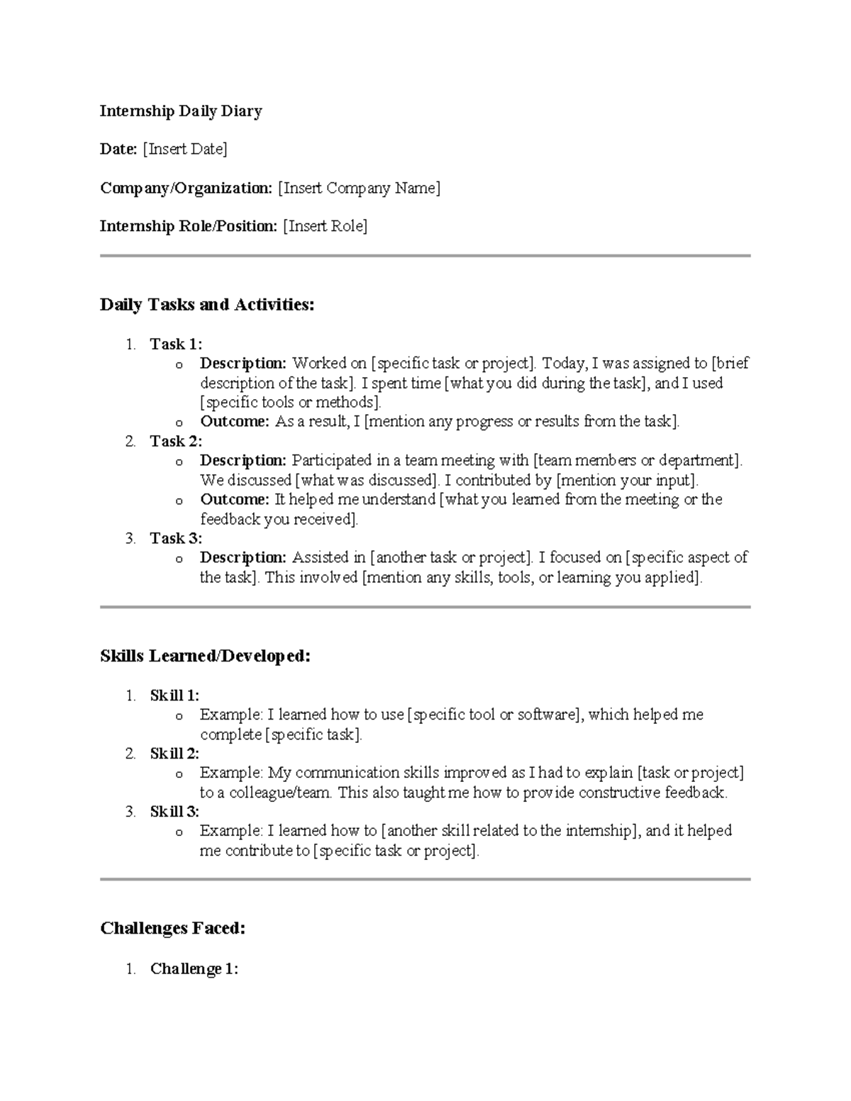 Internship Daily Diary - Internship Daily Diary Date: [Insert Date ...