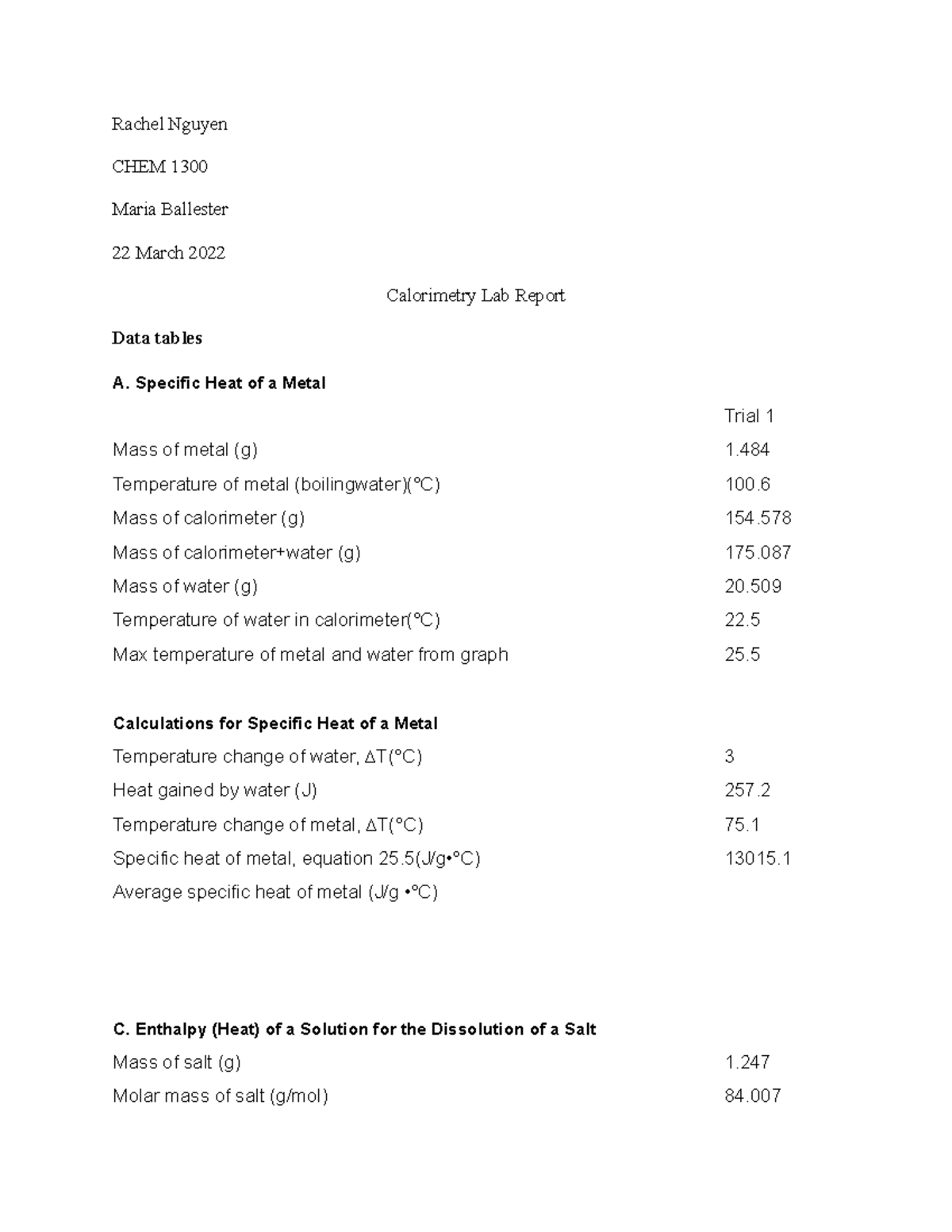 Calorimetry Lab Report Maria Ballester - Rachel Nguyen CHEM 1300 Maria ...