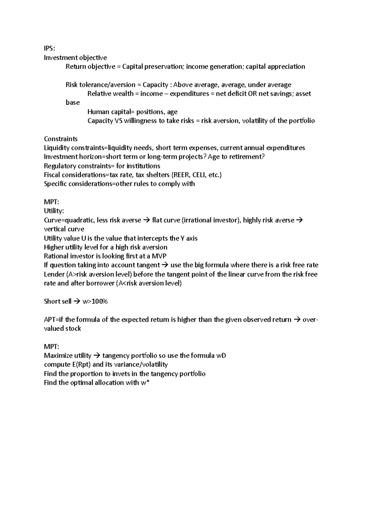 Notes Mid Term - IPS: Investment objective Return objective = Capital ...