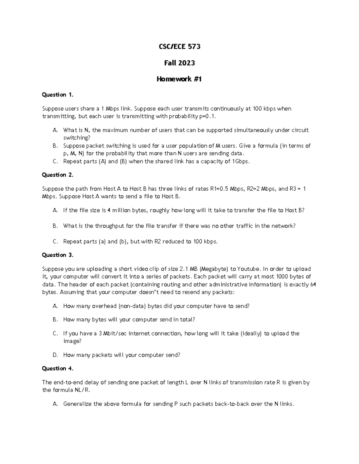Practice Question Set 1 - Fall 2023 - CSC/ECE 573 Fall 2023 Homework ...
